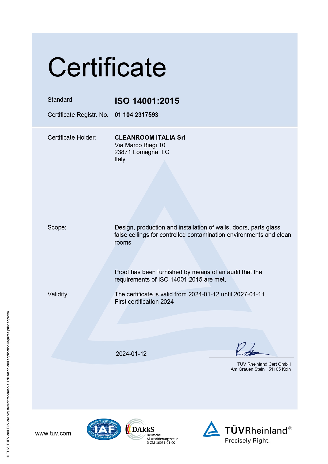 ISO Certificate 14001:2015 Environmental Management Systems - Cleanroom